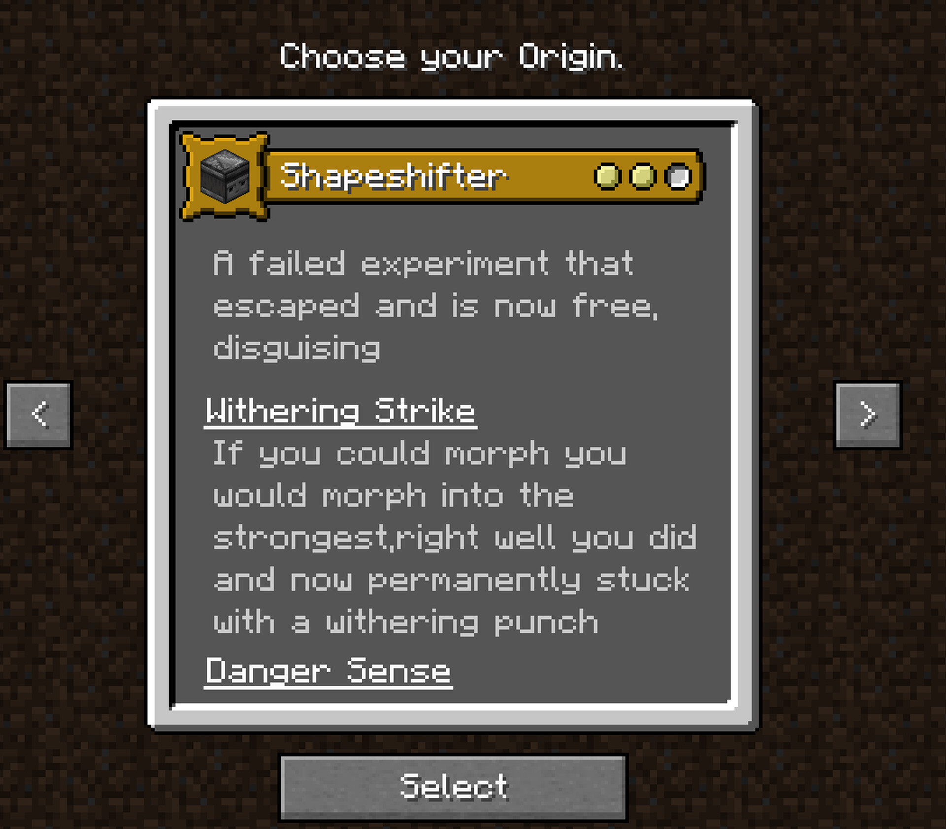 shapeshifter origin Minecraft Data Pack