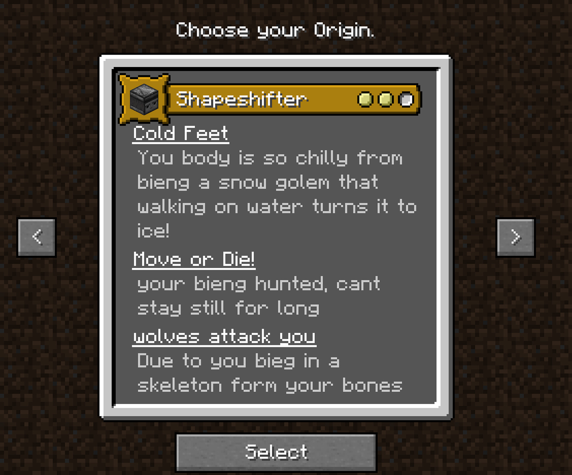 shapeshifter origin Minecraft Data Pack