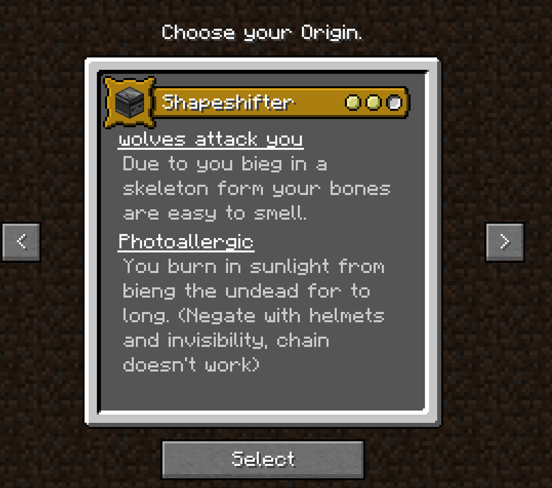 shapeshifter origin Minecraft Data Pack