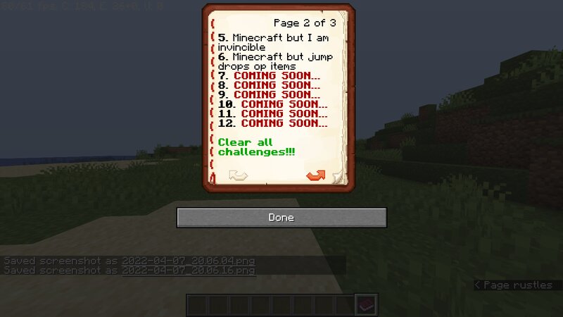 "Minecraft but" challenge menu Minecraft Data Pack