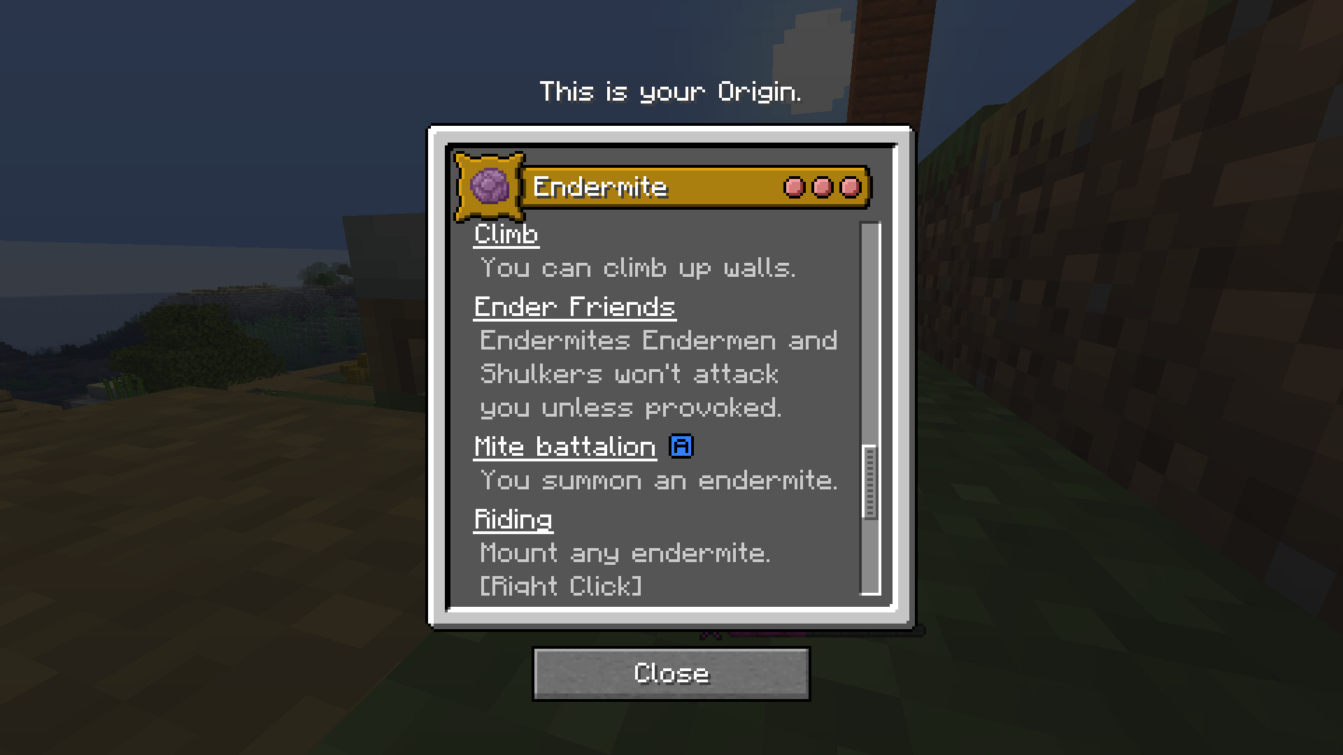 Endermite origin Minecraft Data Pack