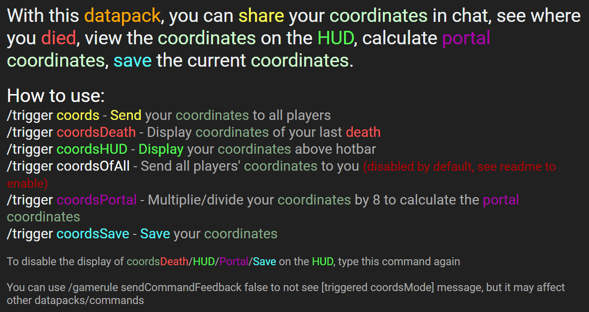 Better coords Minecraft Data Pack
