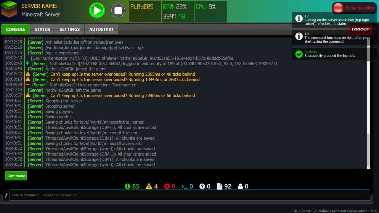 NCX panel 1.0 - Nathalis Minecraft Server Admin Panel Minecraft Mod