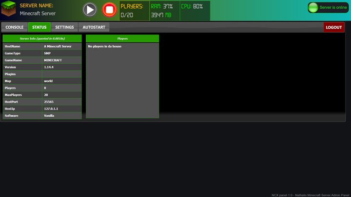NCX panel 1.0 - Nathalis Minecraft Server Admin Panel Minecraft Mod