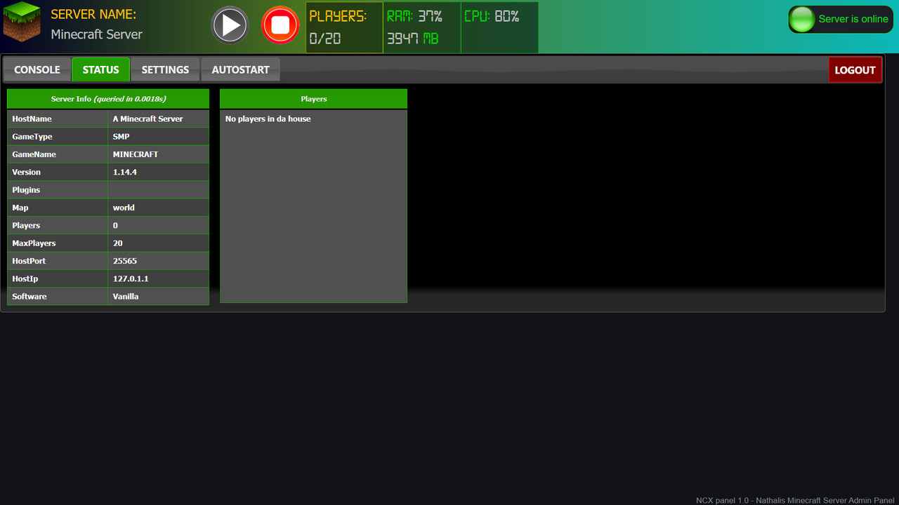 NCX panel 1.0 - Nathalis Minecraft Server Admin Panel Minecraft Mod