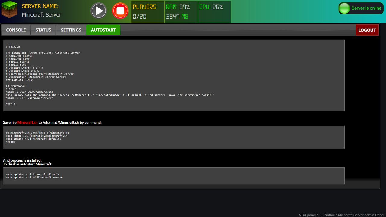 NCX panel 1.0 - Nathalis Minecraft Server Admin Panel Minecraft Mod