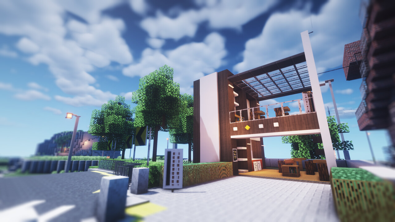 Small modern house and cafe in the corner Minecraft Map