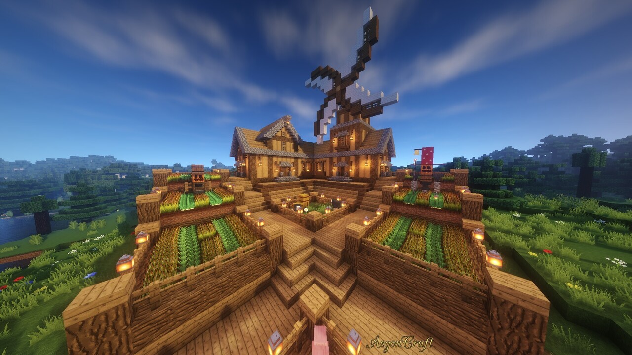 || Minecraft How To Build FARM HOUSE with Minecraft WINDMILL Tutorial ...