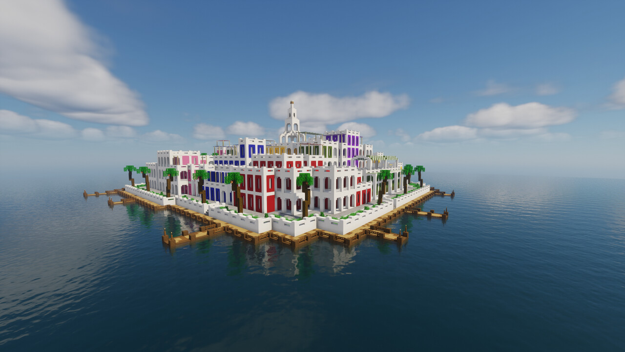 Colorful small town in the middle of the ocean Minecraft Map