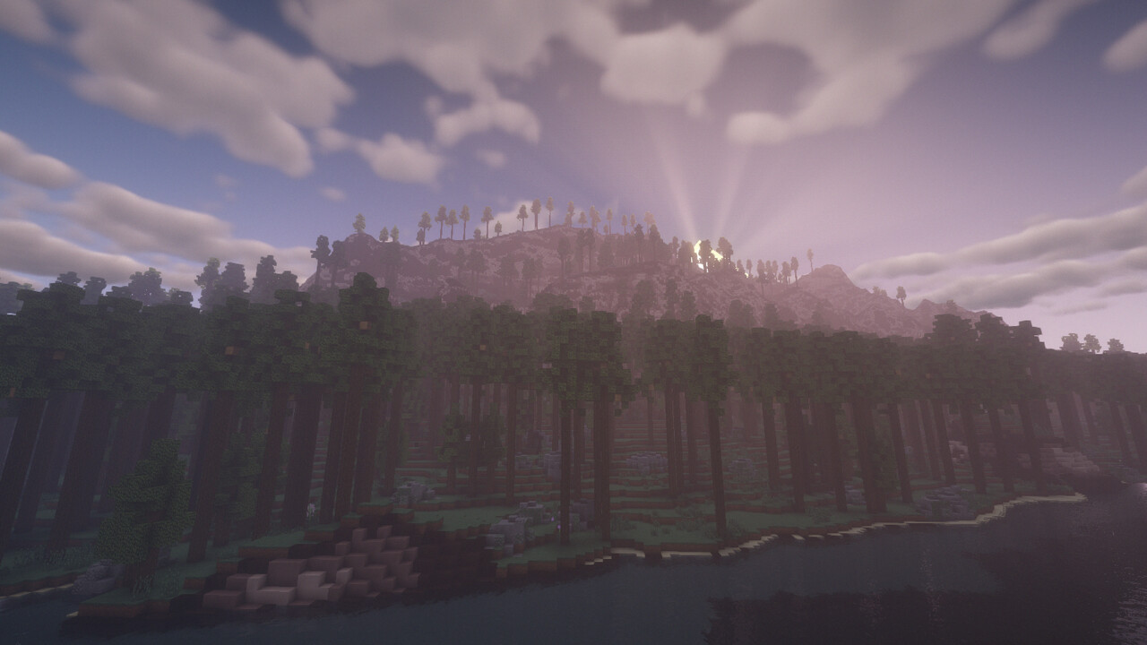 A wide river between hills and mountains Minecraft Map