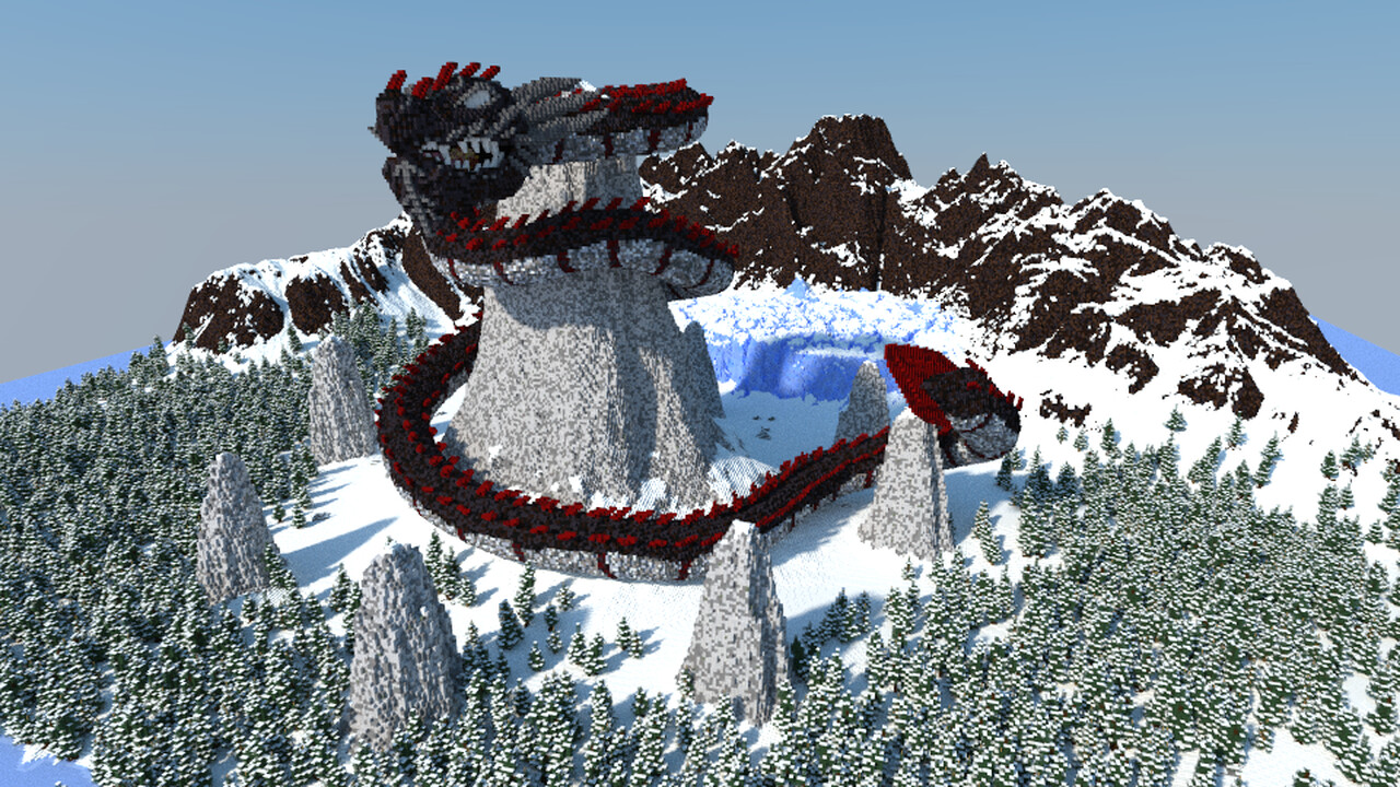 giant dragon and fantasy house in a snowy tundra Minecraft Map