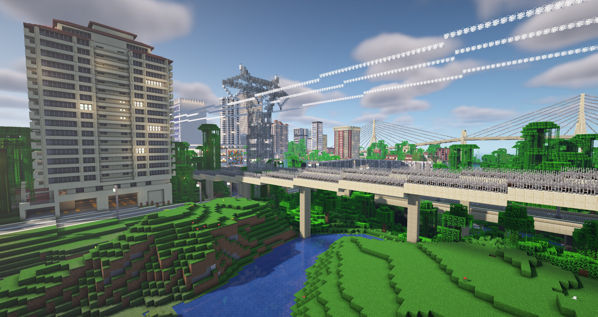 Train and power station and hotel on a bay (Java 1.17) Minecraft Map