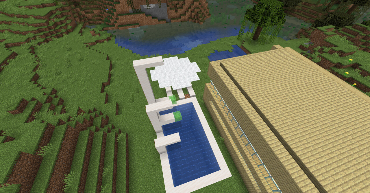 Luxury modern house with car, swimming pool, and Jacuzzi. Minecraft Map