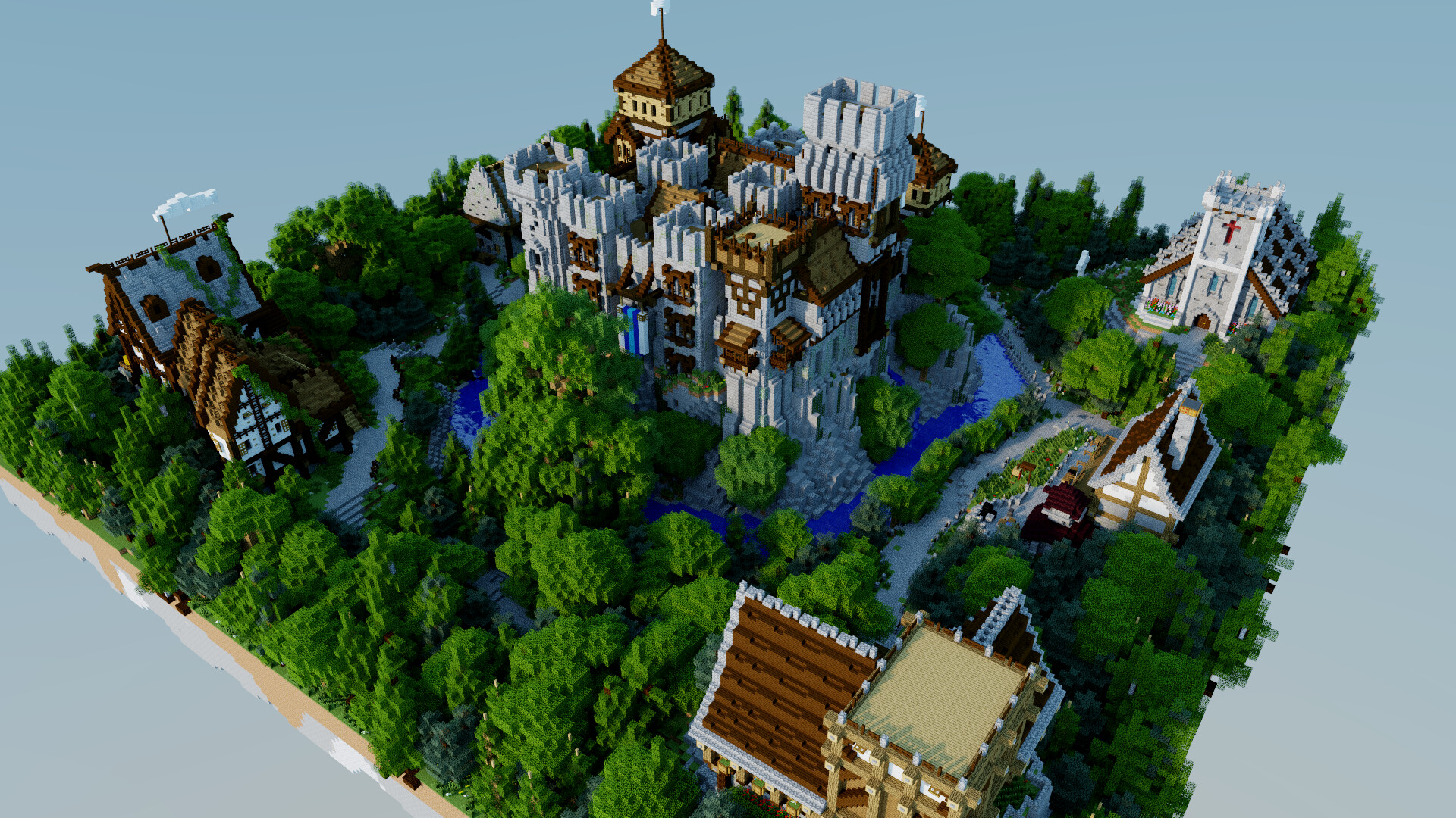 Skyblock Castle and Town Map [180x180] fully finished interiors and hidden caves Minecraft Map