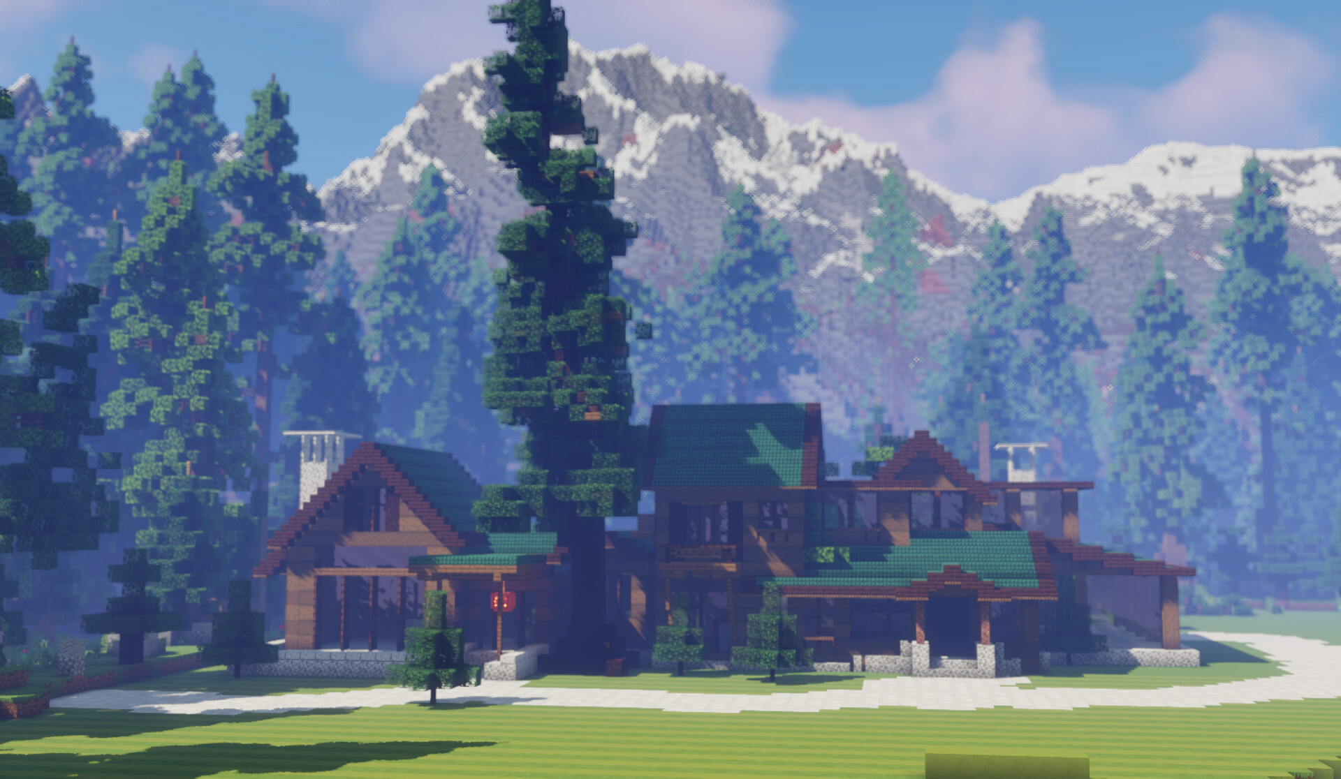 Big wooden cottage in taiga + lake and mountains Minecraft Map