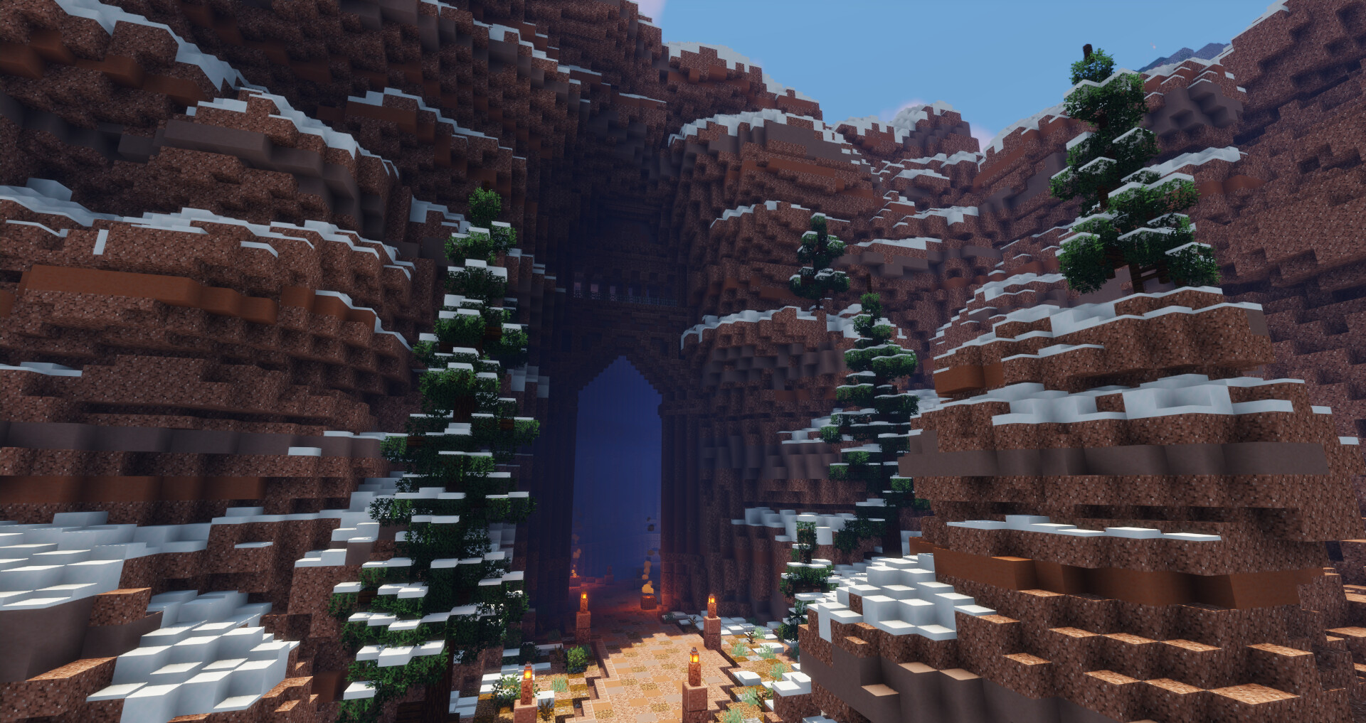 A Dwarven Gate Carved Into a Snowy Red Cliff Minecraft Map
