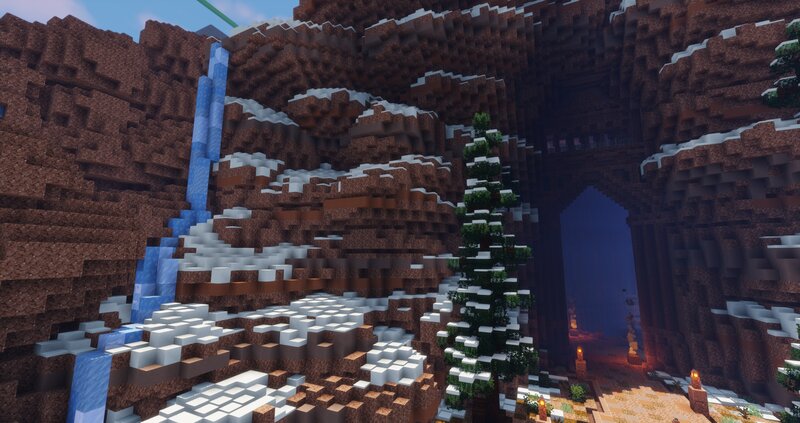 A Dwarven Gate Carved Into a Snowy Red Cliff Minecraft Map