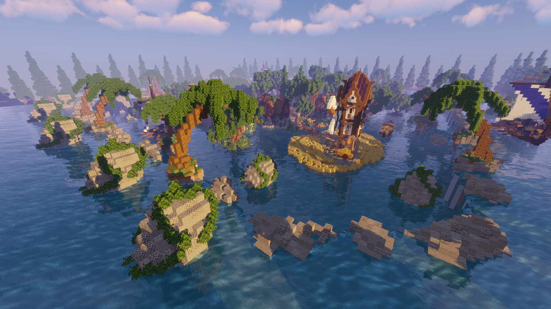 Hub - Lobby Little Town Surrounded with waterfall Minecraft Map