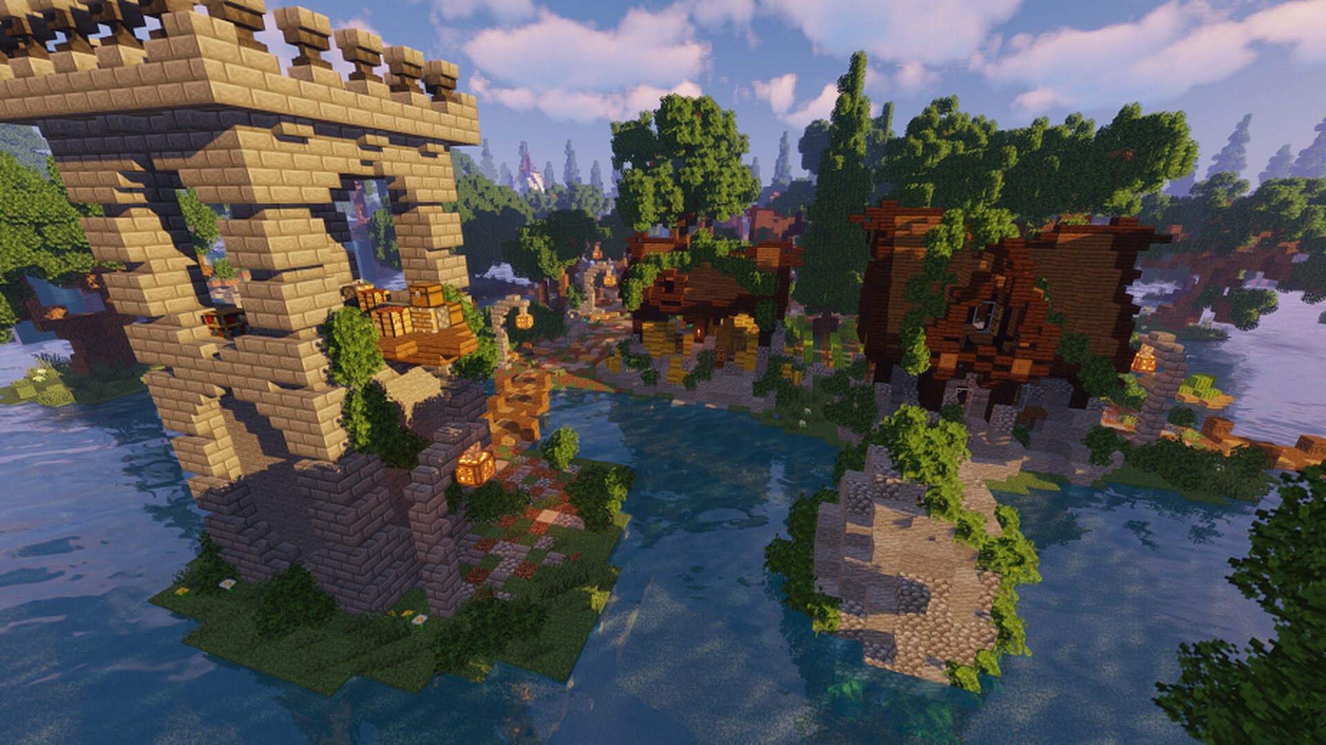 Hub - Lobby Little Town Surrounded with waterfall Minecraft Map