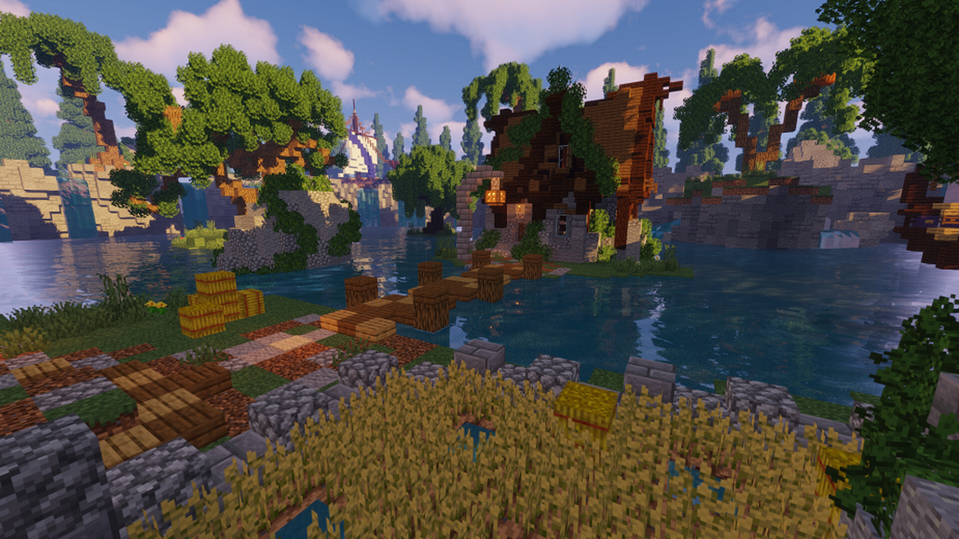 Hub - Lobby Little Town Surrounded with waterfall Minecraft Map