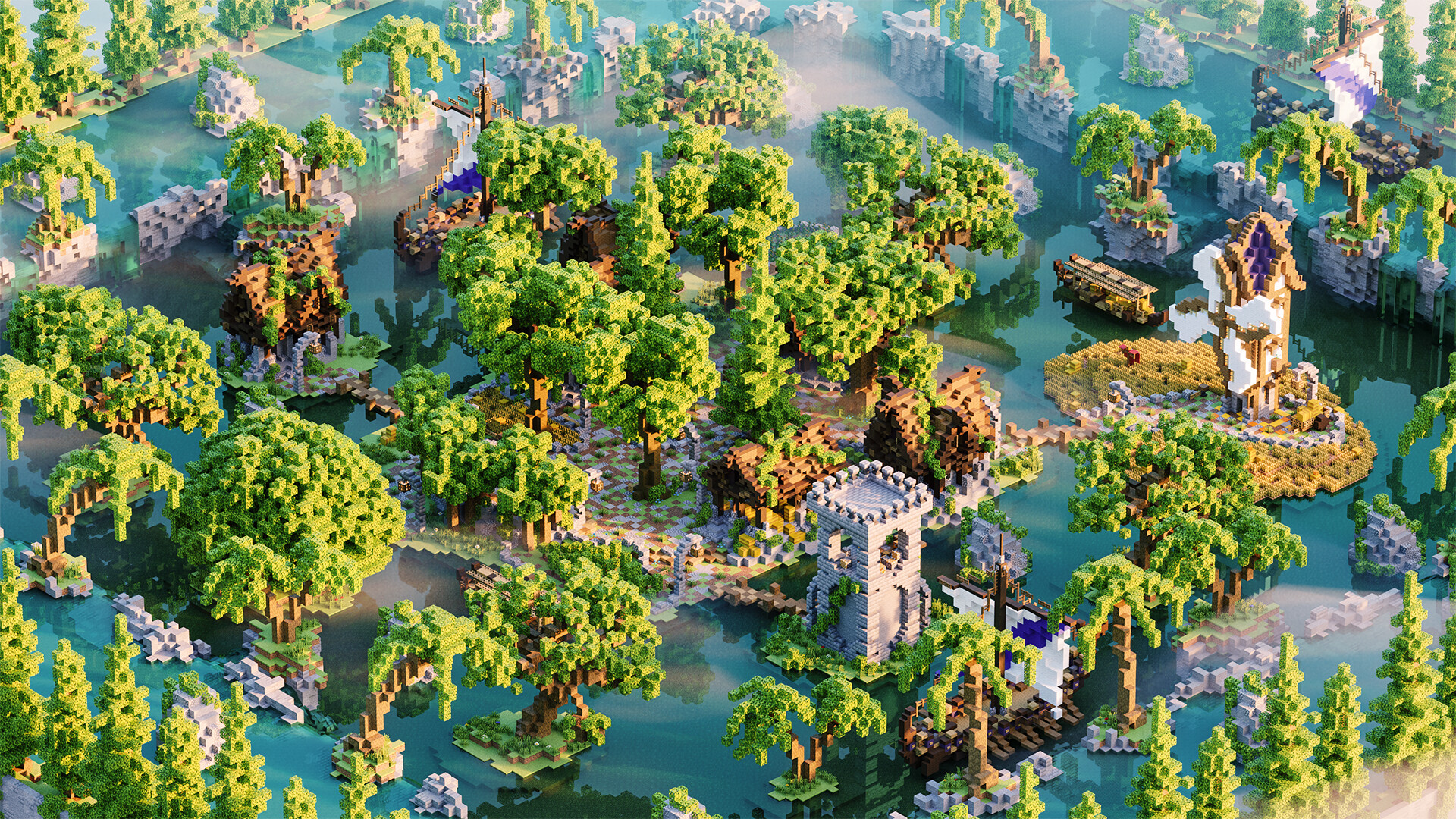 Hub - Lobby Little Town Surrounded with waterfall Minecraft Map