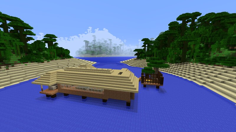 Bungalow on Jungle Island with Shallow Lagoon and Volcano Minecraft Map