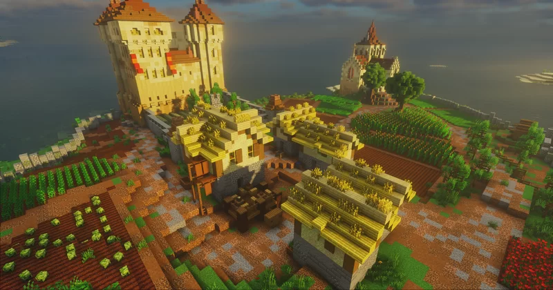 Mediterranean Castle with village and chapel Minecraft Map