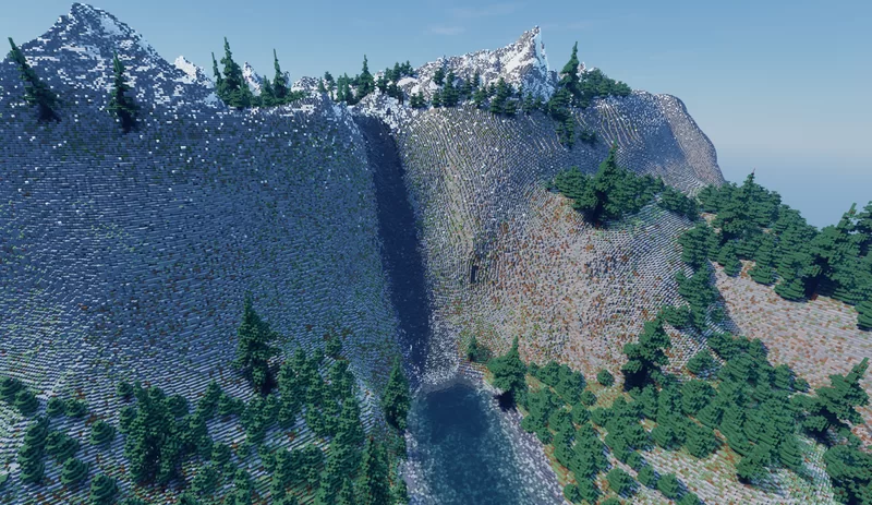 Deep valley: Massif waterfall, forest , mountains and a river. Minecraft Map