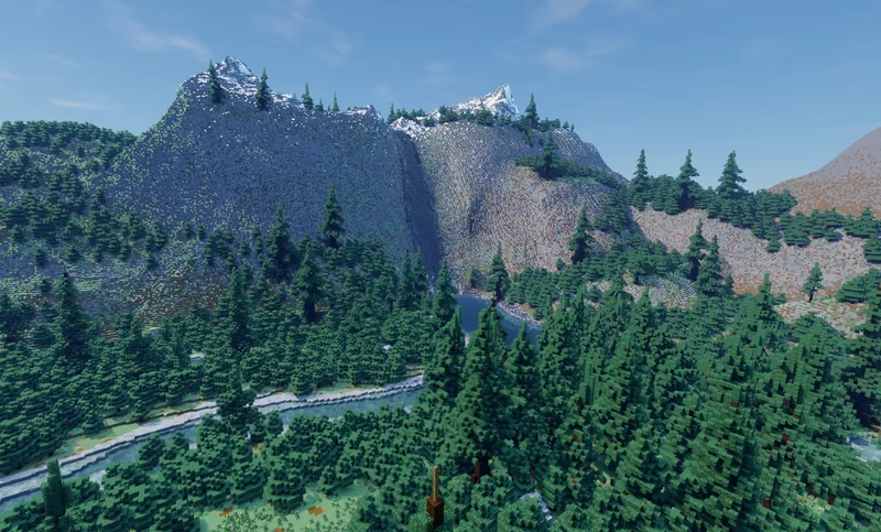 Deep valley: Massif waterfall, forest , mountains and a river. Minecraft Map