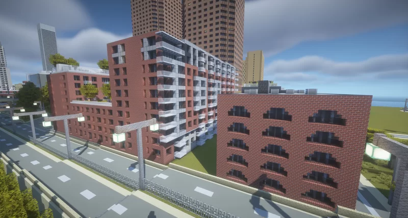 Two condo/appartment buildings with schematic Minecraft Map