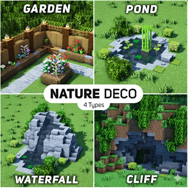 Nature Deco Pack – Garden, Pond, Waterfall & Cliff (4 Types) Minecraft Map