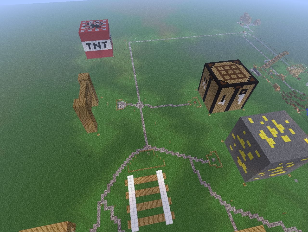 map with giant blocks tnt ,workbench ores,and a roller coaster Minecraft Map