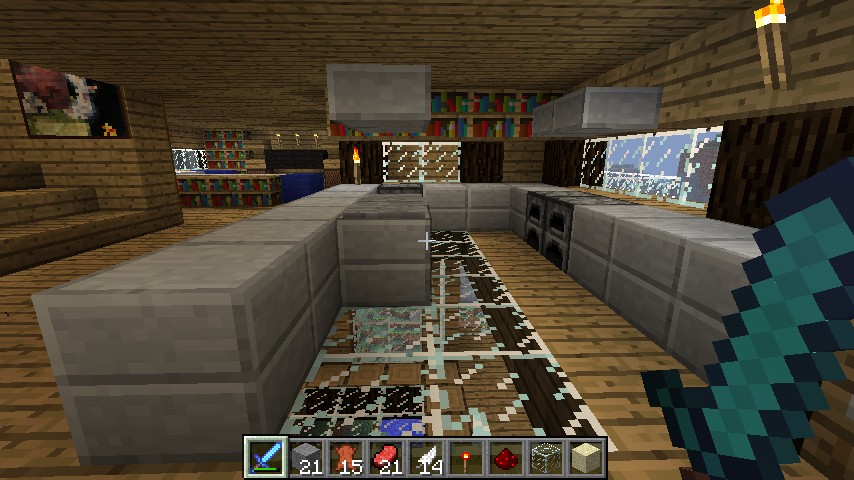 Big wooden house with many redstone machines around Minecraft Map