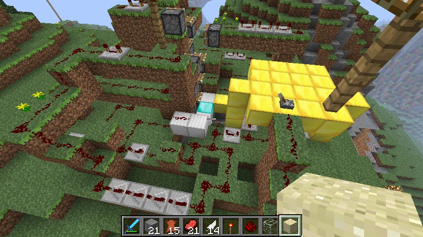 Big wooden house with many redstone machines around Minecraft Map