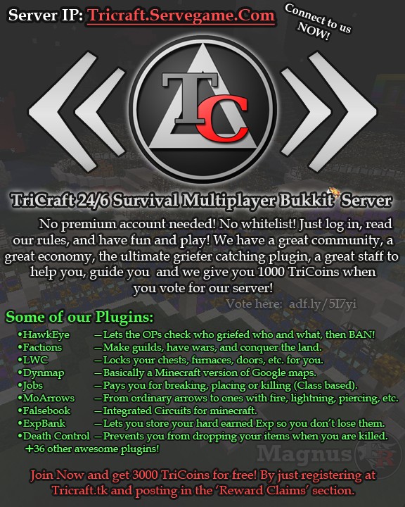 TriCraft 24/6 SMP Bukkit Server! Minecraft Server