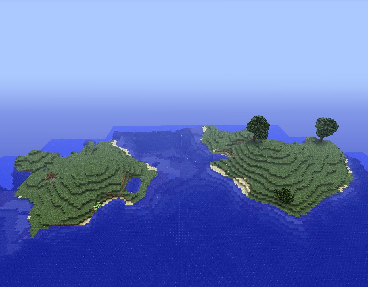 Minecraft 1.3.1 Dual Islands with spawners and villages nearby.