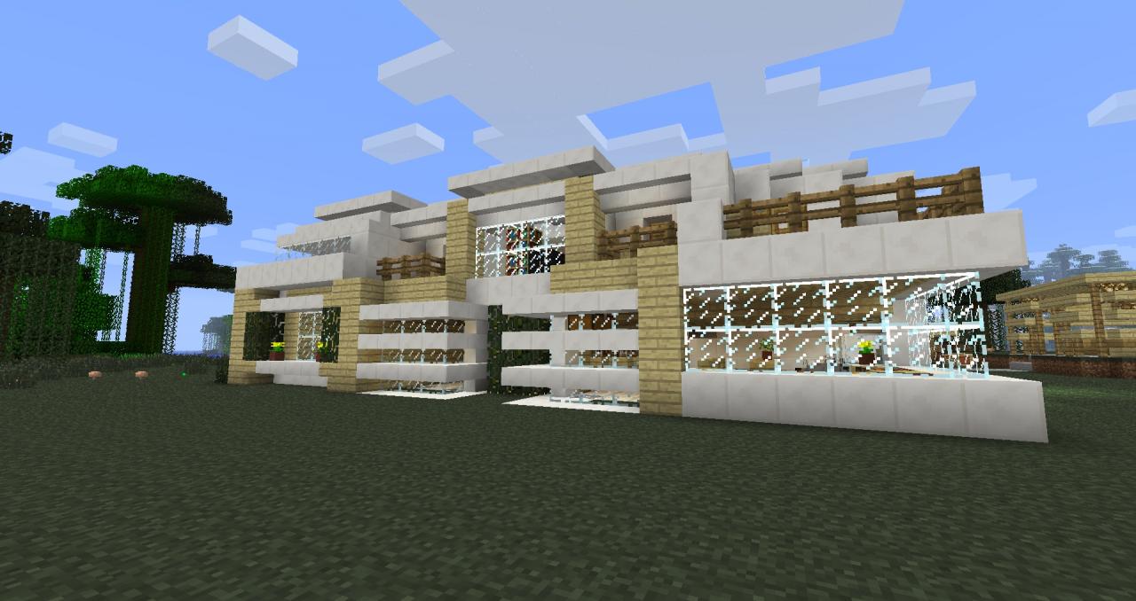 Minecraft modern house with a pond park and barbeque Minecraft Map