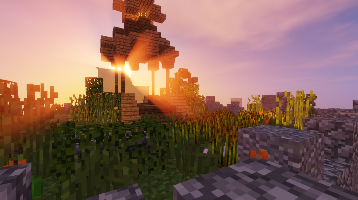 Small hand terraformed landscape with a couple small structures ...