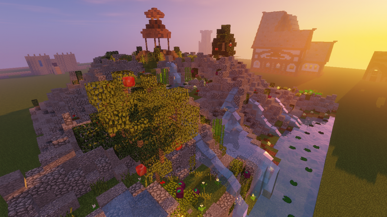 Small hand terraformed landscape with a couple small structures ...
