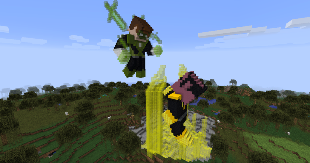 Giant Statues of the Justice League fighting various members of the ...