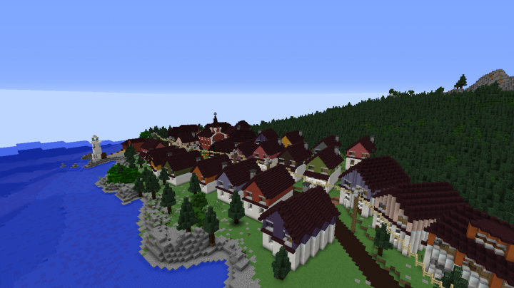 Small coastal town with slightly more realistic mountain Minecraft Map